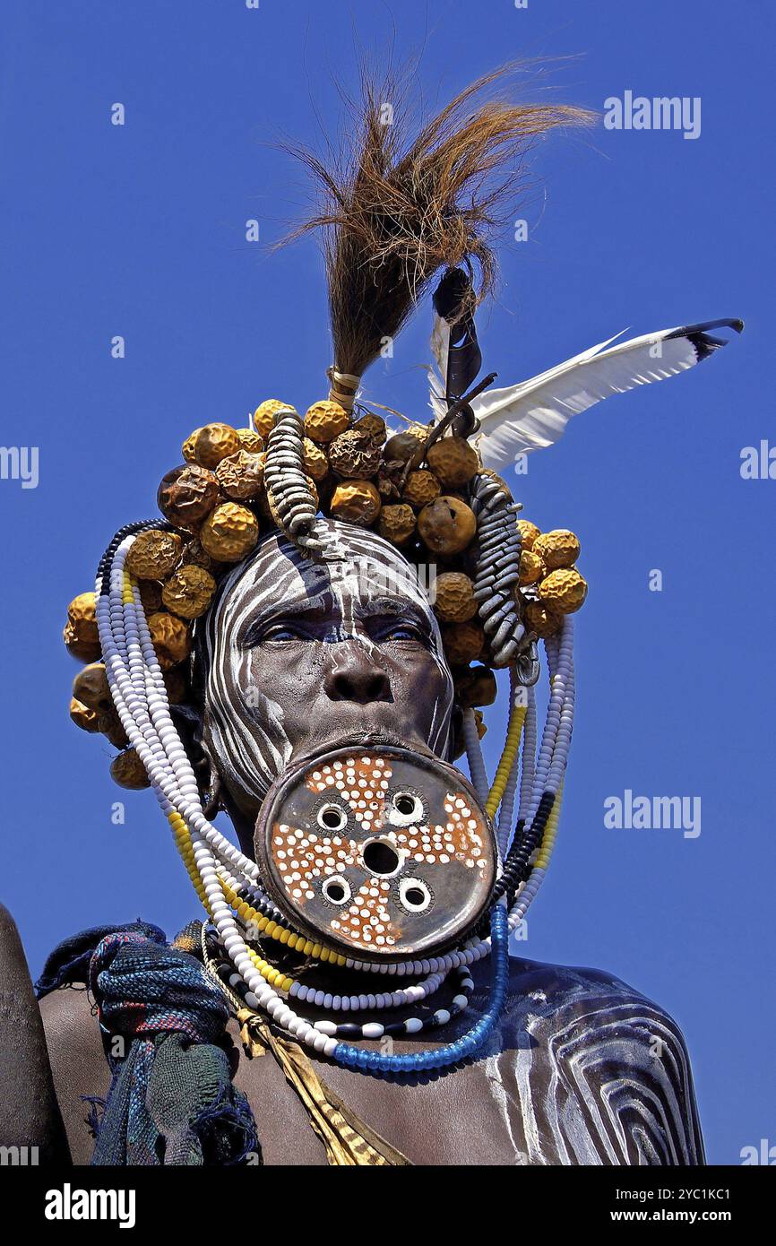 Ethiopia, Mursi woman, lip plate, plate lips, Dhebi, body painting ...