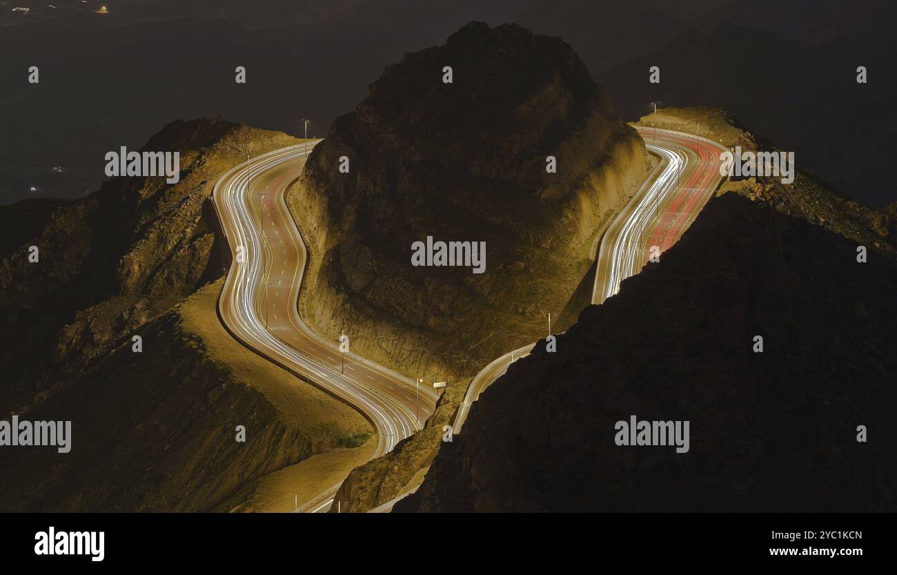 Road, Mountain road, Curve, Curvy, Night shot, Lights, Cars, Traffic ...