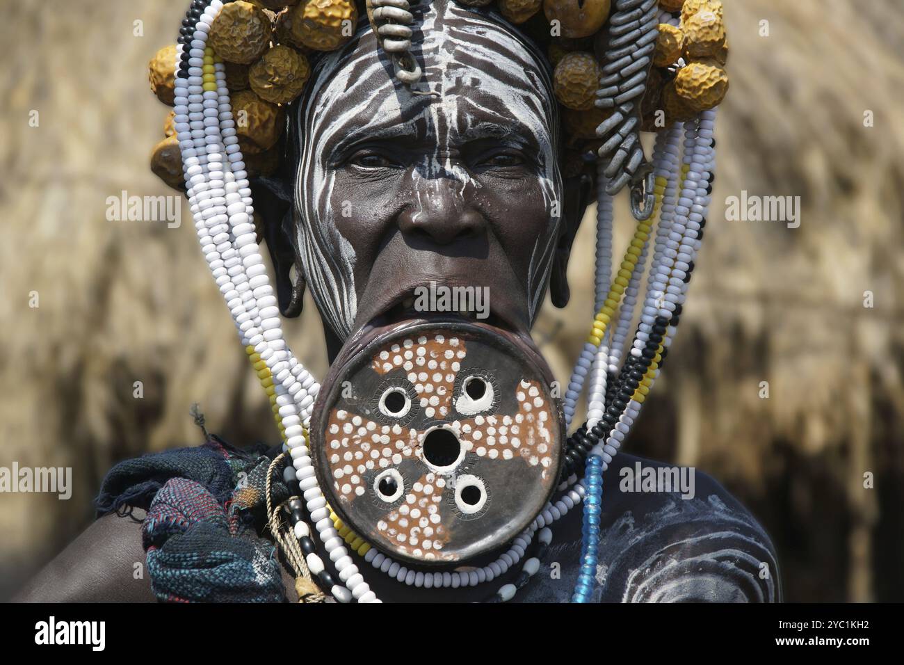 Ethiopia, Mursi woman, lip plate, plate lips, Dhebi, body painting ...