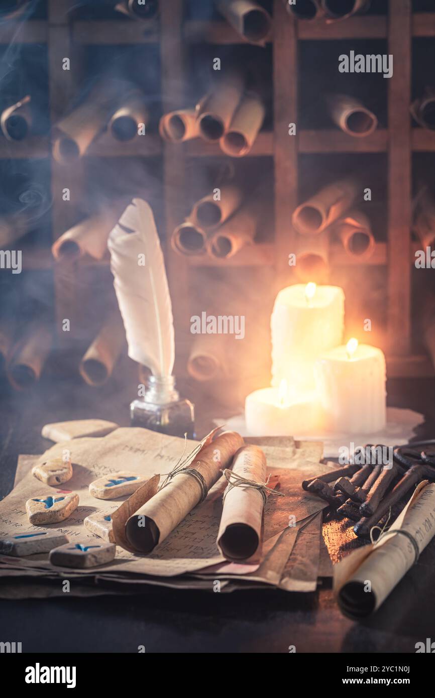 Magic and ancient library full of ancient and old scrolls Stock Photo ...