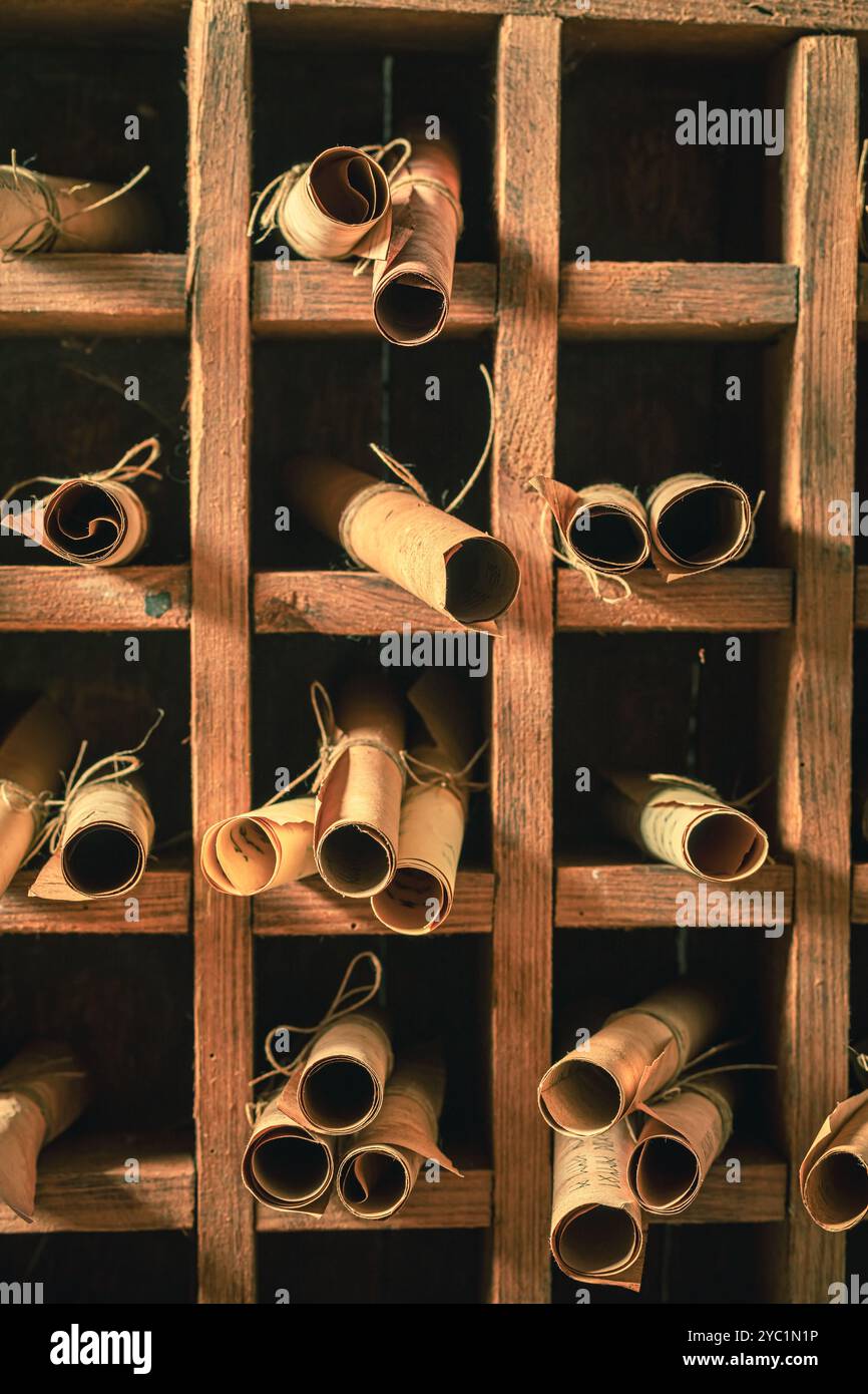 Closeup of enchanted library with ancient scrolls in wooden box Stock ...
