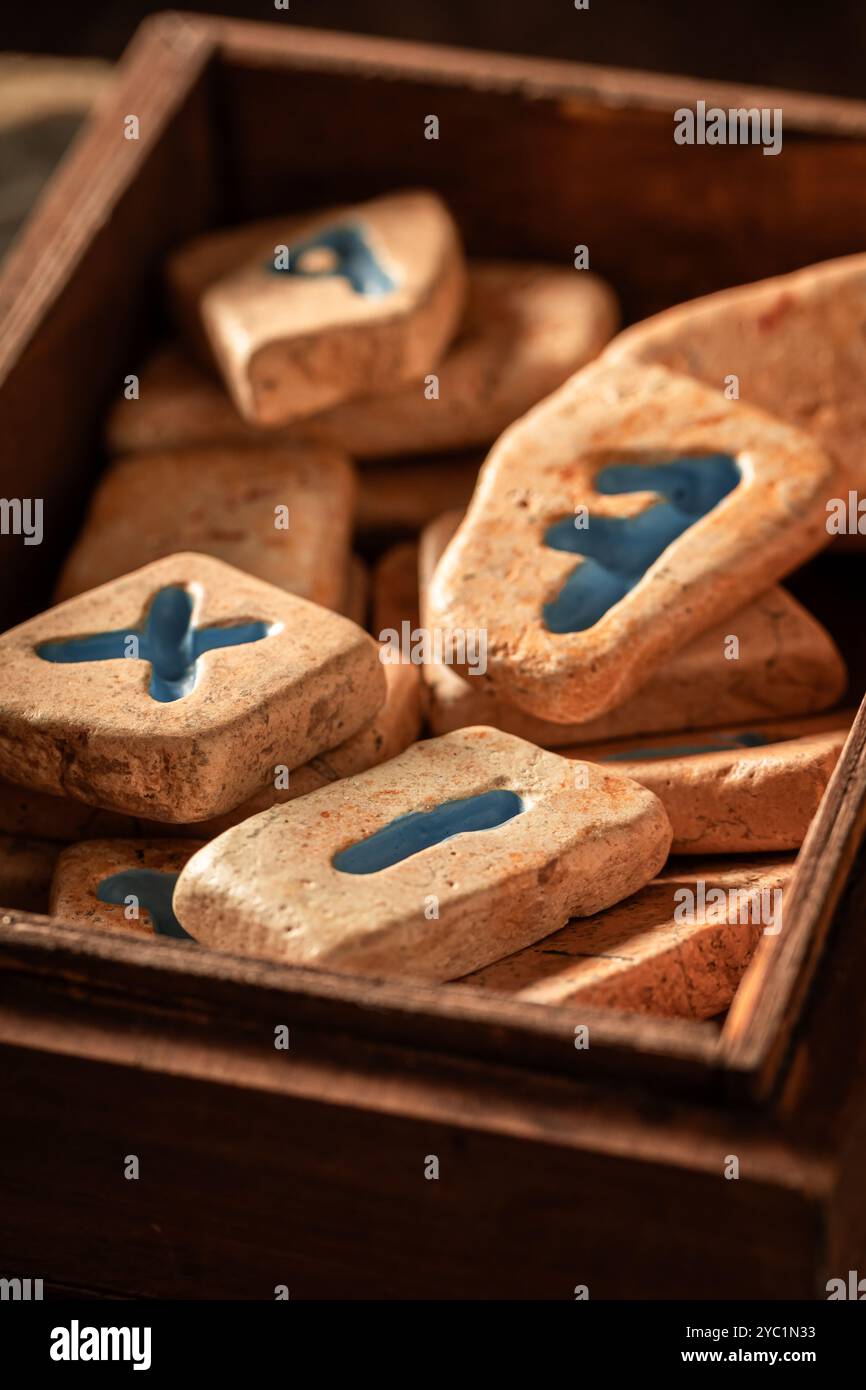 Closeup of rune stones based on ancient alphabet in wooden box Stock ...