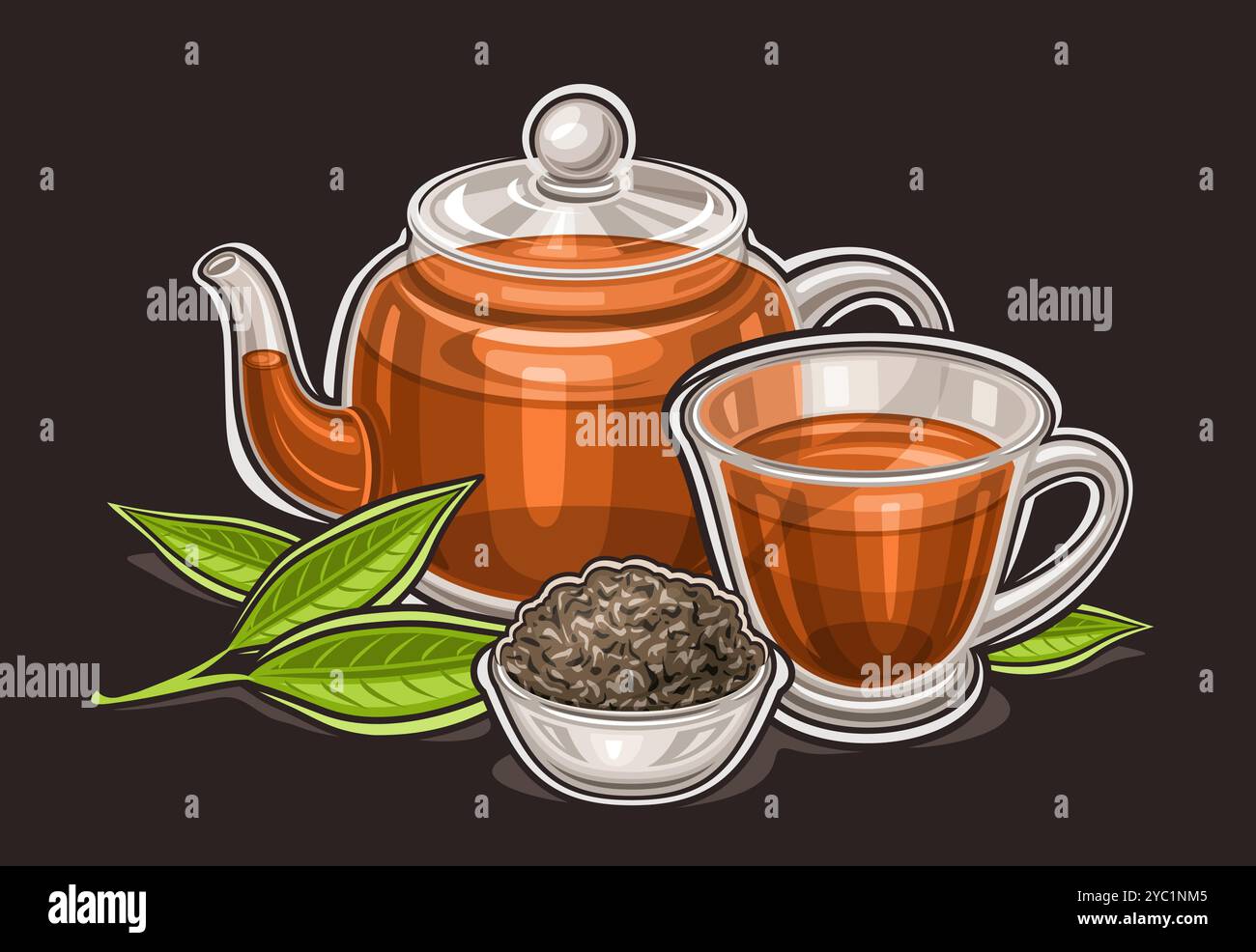 Vector logo for Black Tea Drink, horizontal poster with cartoon design ...