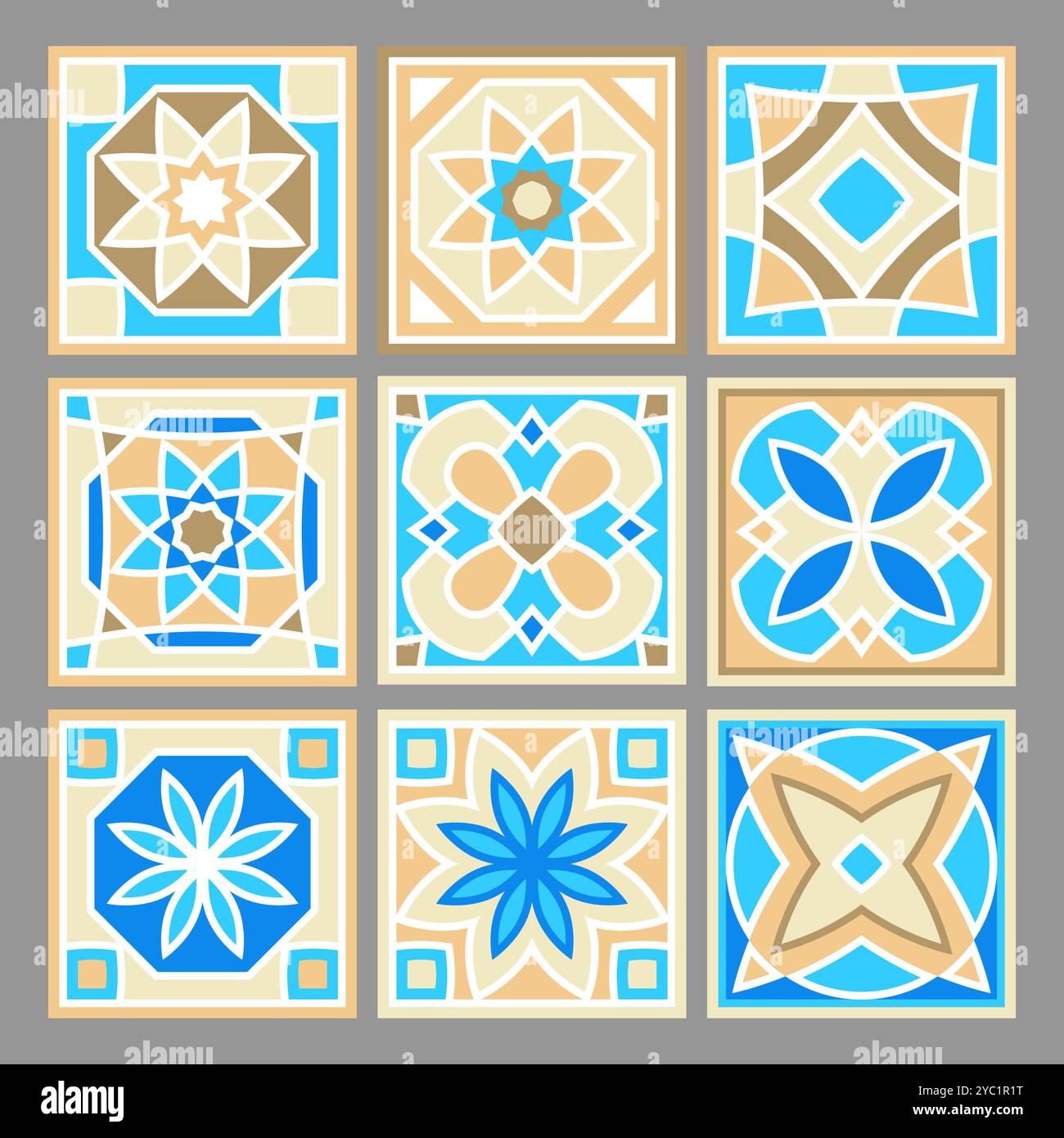 Set of vector hand drawn pattern of square ceramic tile. Ornate patchwork pattern design. Floor ...