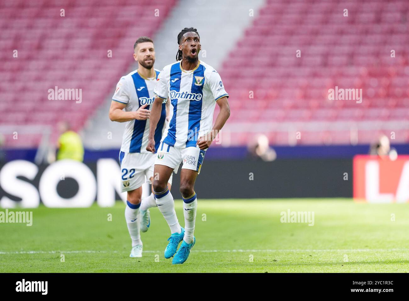 Yvan Neyou of Leganes celebrates a goal during the Spanish championship ...