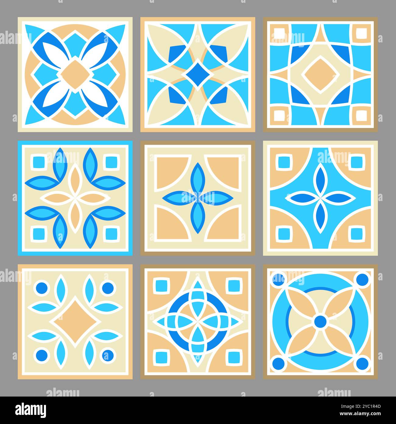 Set of vector hand drawn pattern of square ceramic tile. Ornate ...