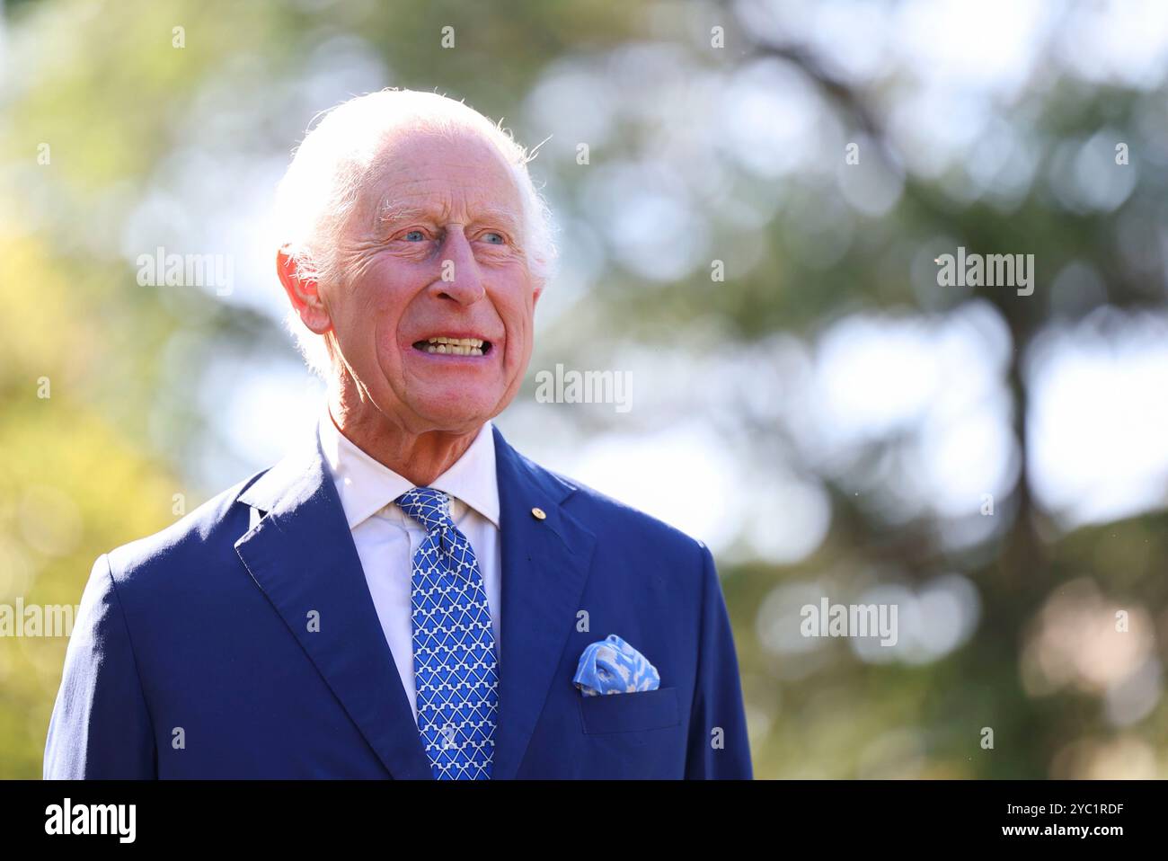 King Charles III during the ceremonial planting of two snow gum eucalyptus trees, in the garden ...