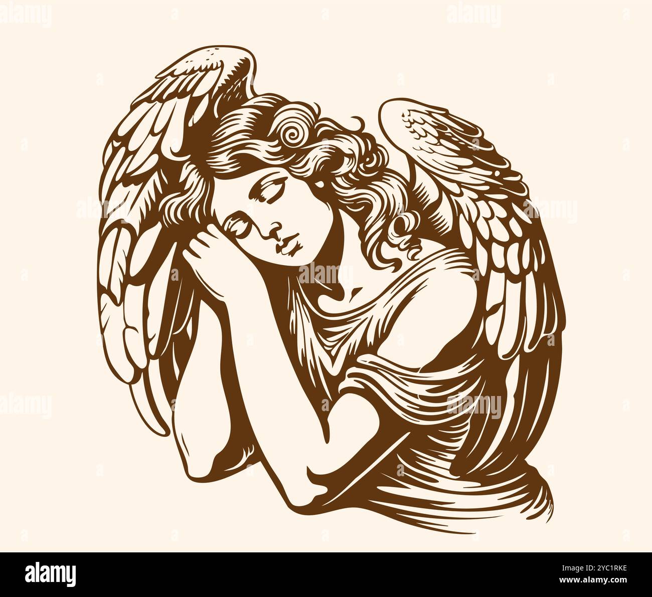 Girl angel, vintage engraving style. Cute girl with wings, black and ...