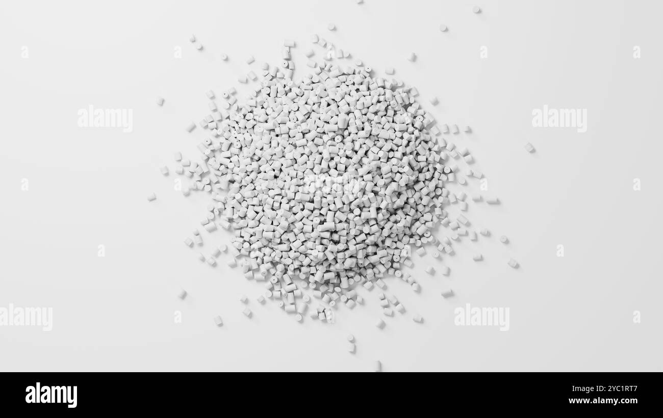 Closeup top view on white plastic polypropylene granules heap centered ...
