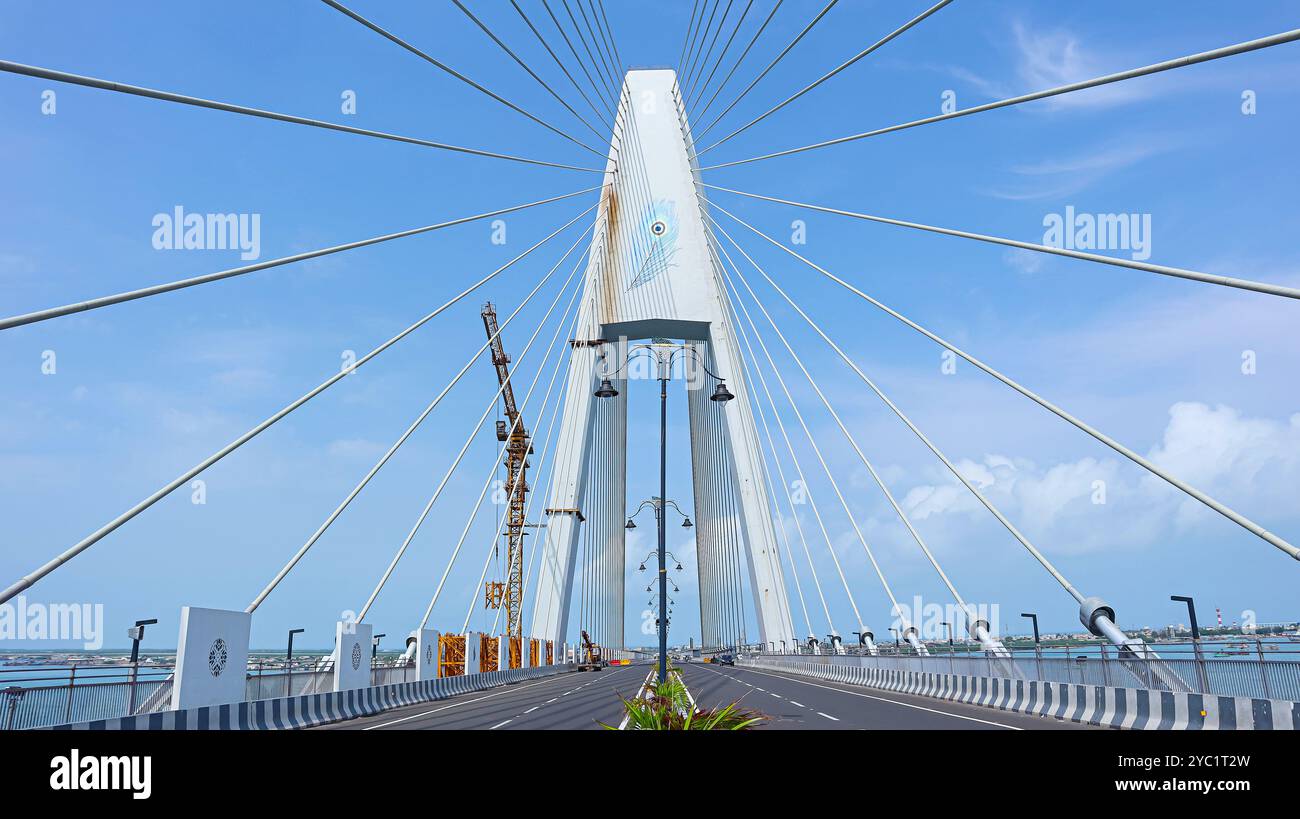 View of the newly built Sudarshan Setu, a cable-stayed bridge ...