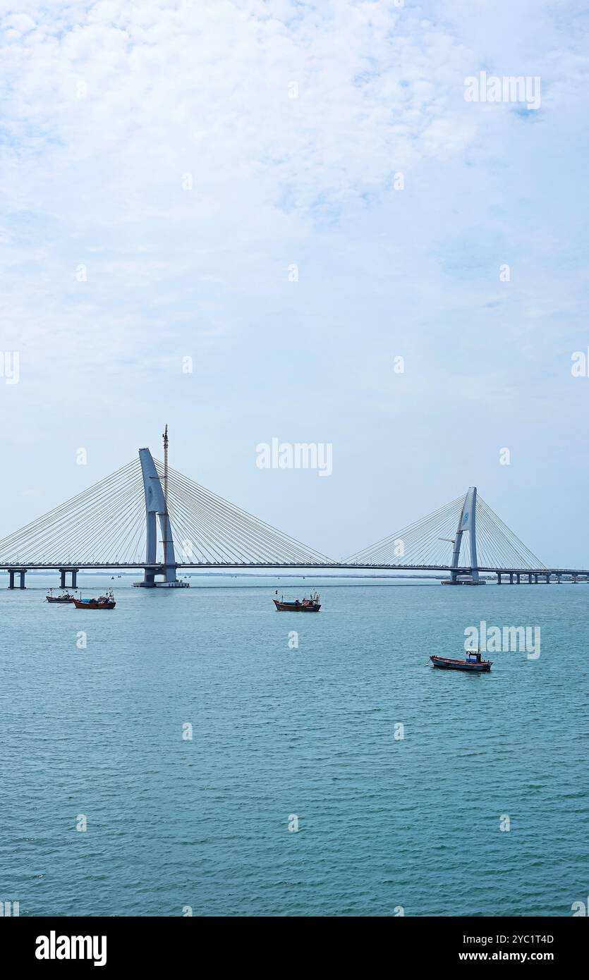 View of the newly built Sudarshan Setu, a cable-stayed bridge ...
