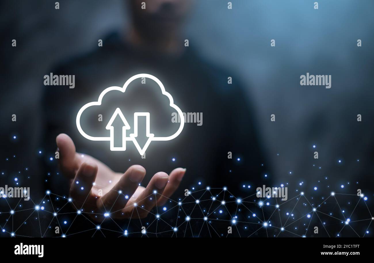 Cloud computing diagram show on man hand. Cloud technology. Data ...
