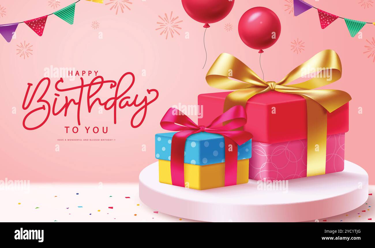 Birthday gift boxes vector design. Happy birthday gift in podium with ...