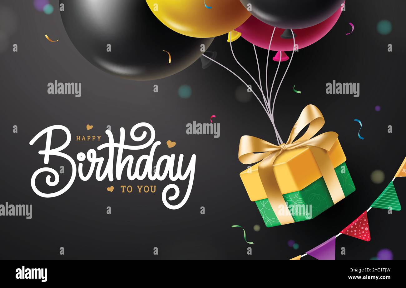 Happy birthday greeting vector design. Birthday greeting text with inflatable balloons with gift ...