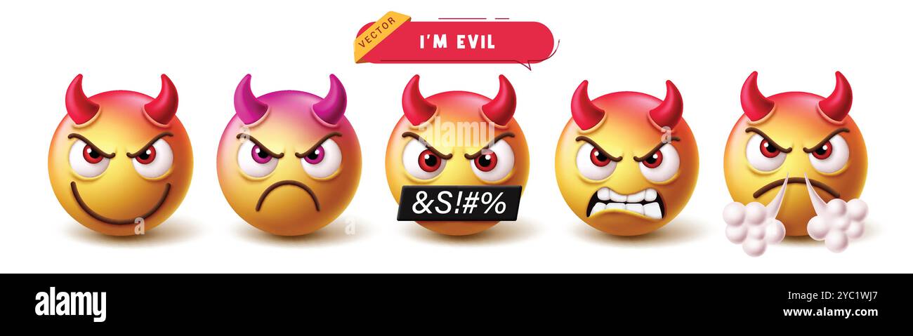 Emoji evil emoticon characters vector set. Emojis bad, daemon and ...