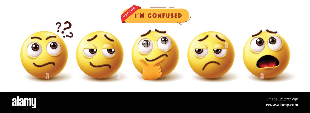 Emoji confused emoticon characters vector set. Emoticons thinking ...