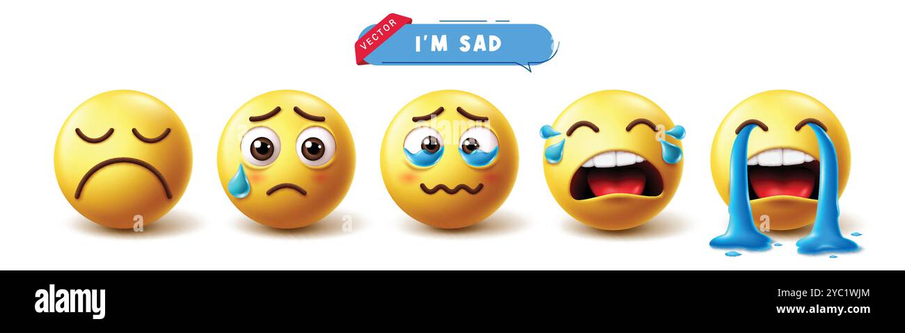 Emoji sad 3d characters vector set. Emojis emoticons in unhappy, crying ...