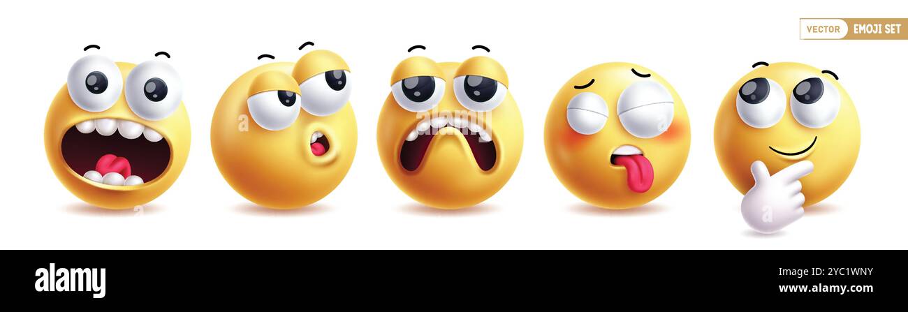 Emoji 3d emoticon characters vector set. Emoticons shock, curious, sad, naughty and cute emojis ...