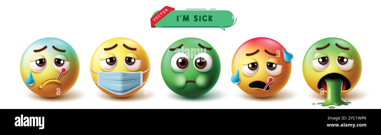 Emoji sick 3d characters vector set. Emojis icon like flu, cough, weak ...