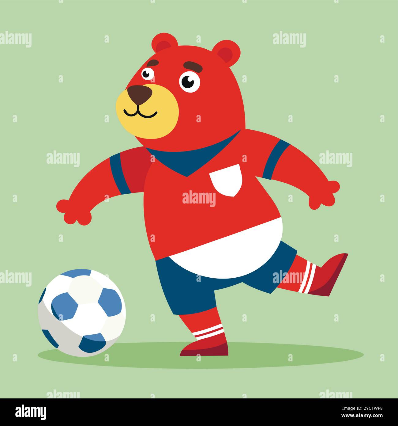Cute bear cub in uniform playing soccer. Flat vector illustration in ...