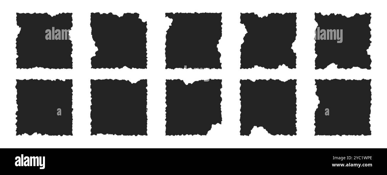 Set of black square paper frames with jagged edges. Ripped grunge sheets of geometric ...