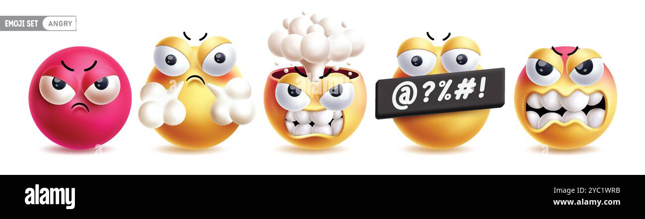 Emoji angry characters vector set. Emojis emoticon characters in mad ...