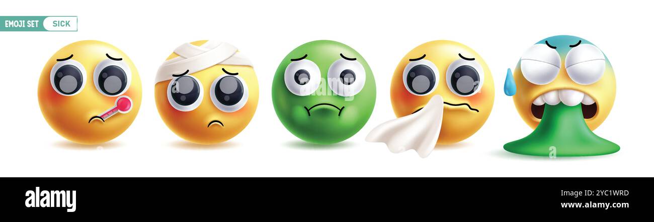 Emoji sick 3d characters vector set. Emojis illness face icon like flu ...