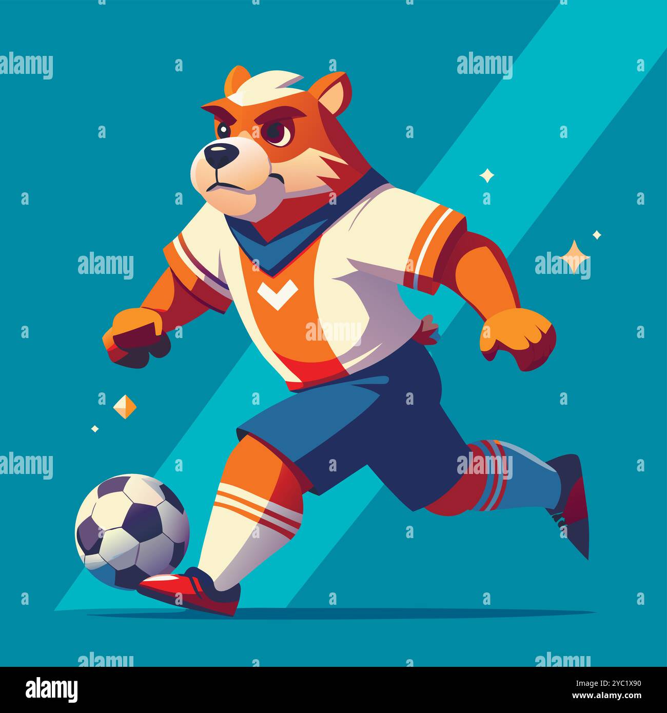 Cute bear cub in uniform playing soccer. Flat vector illustration in ...