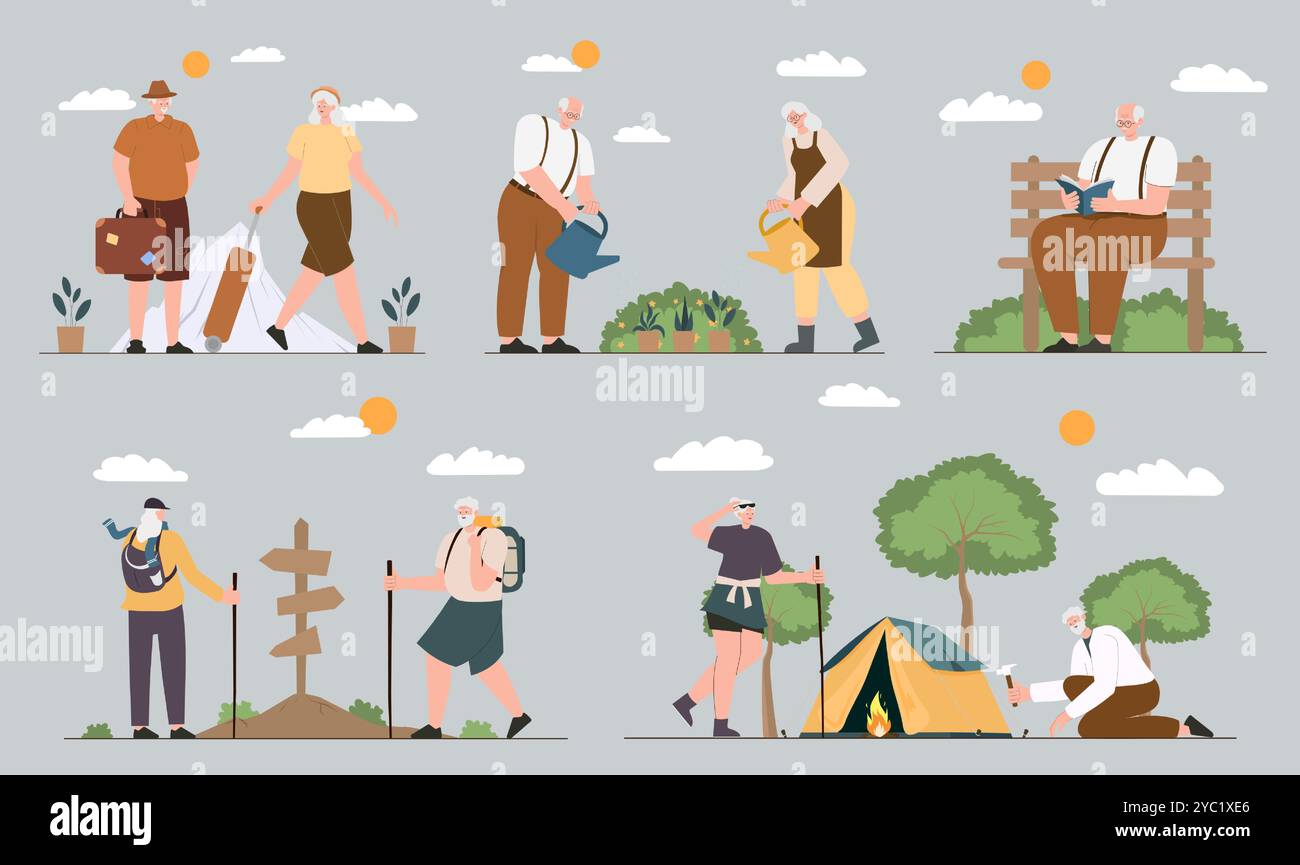 Seniors enjoying outdoor activities in nature. Vector illustrations ...
