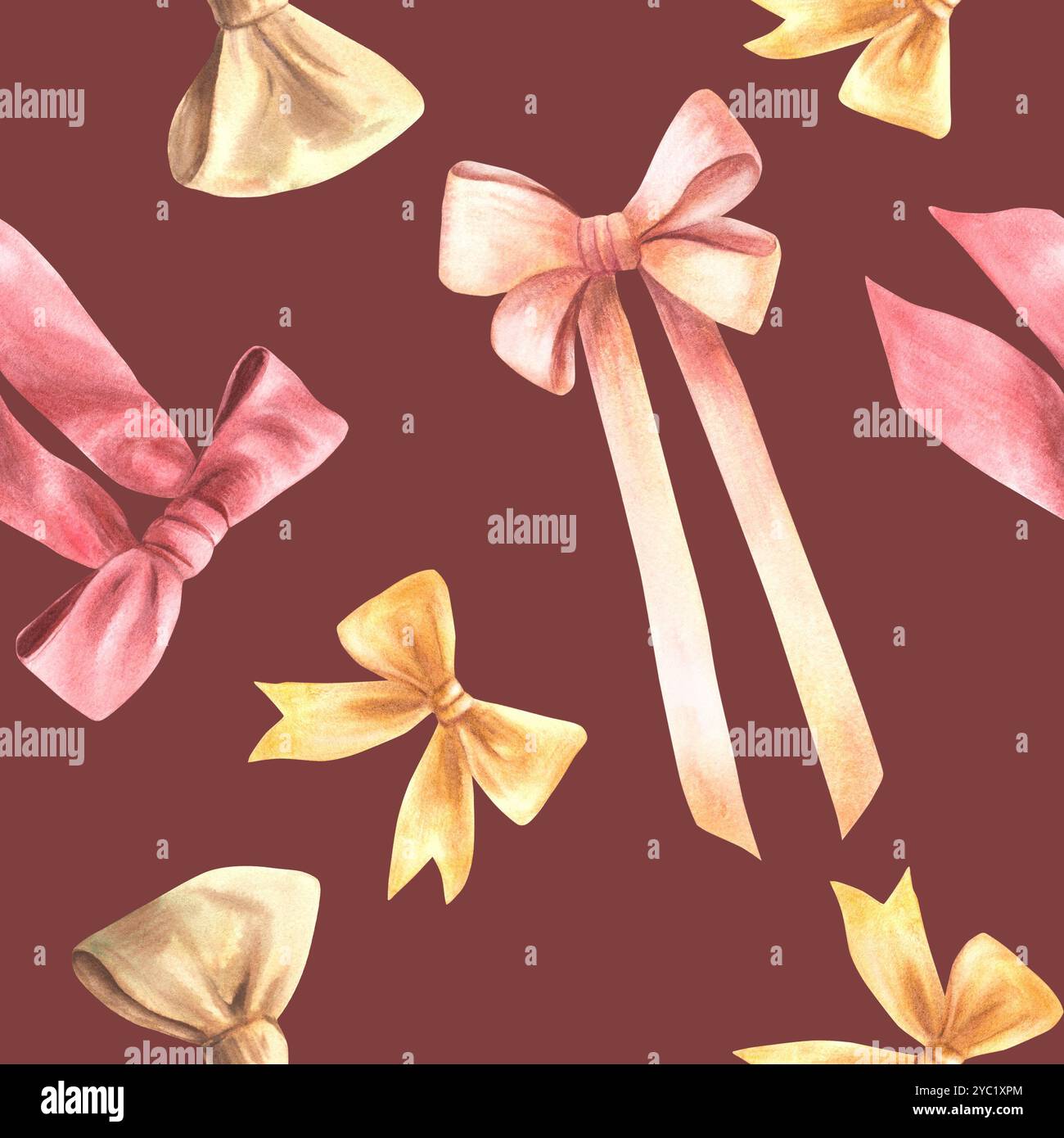 Watercolor ribbon and bow seamless pattern. Hand drawn realistic ...