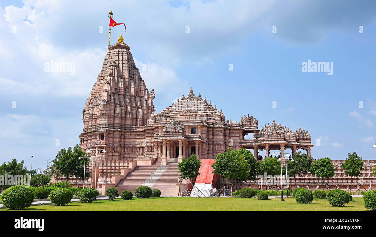 View of the newly built Shree Khondaldham Temple with carved sculptures ...