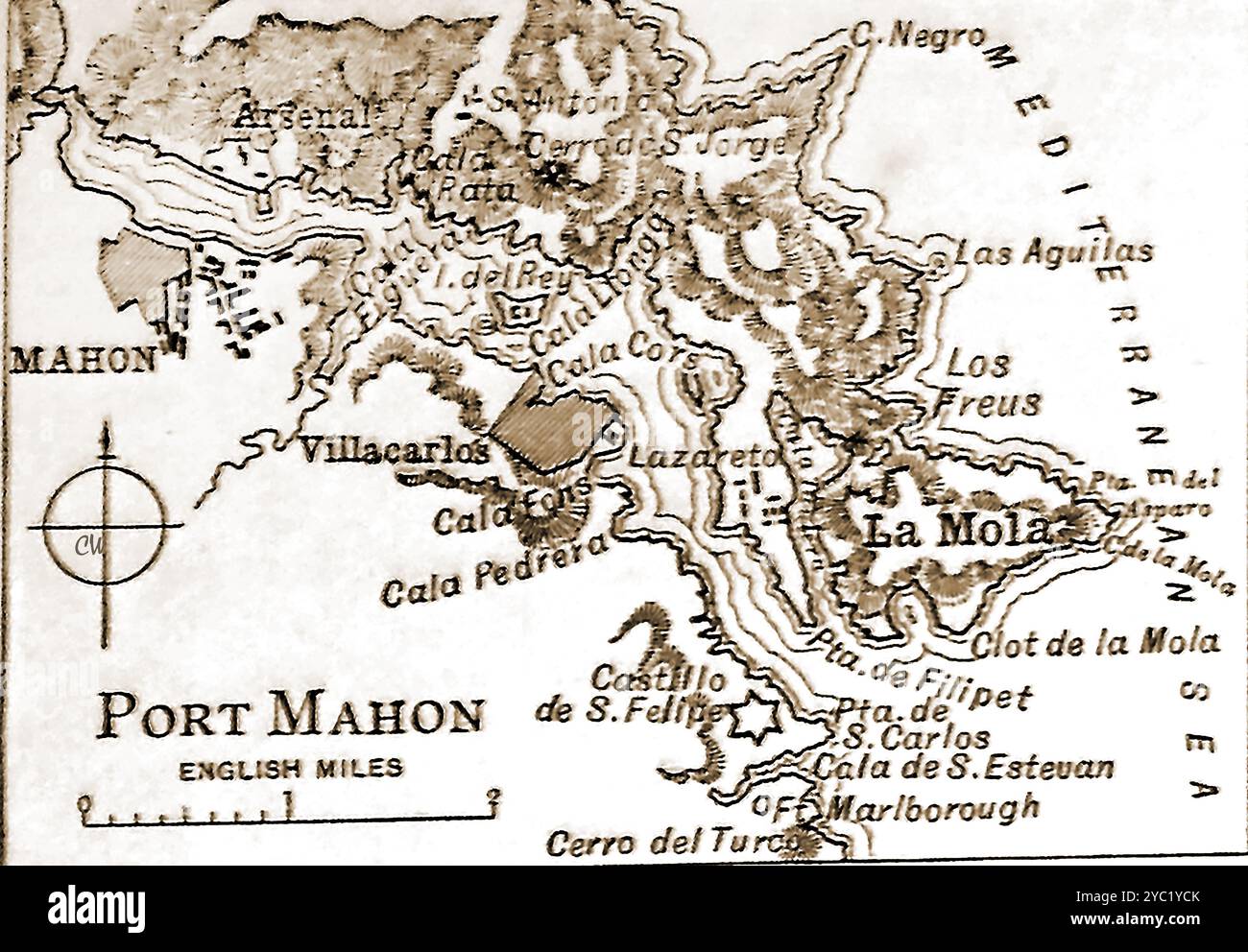 A 19th century map of Mahon , Minorca (Menorca) Spain. - Un mapa del ...