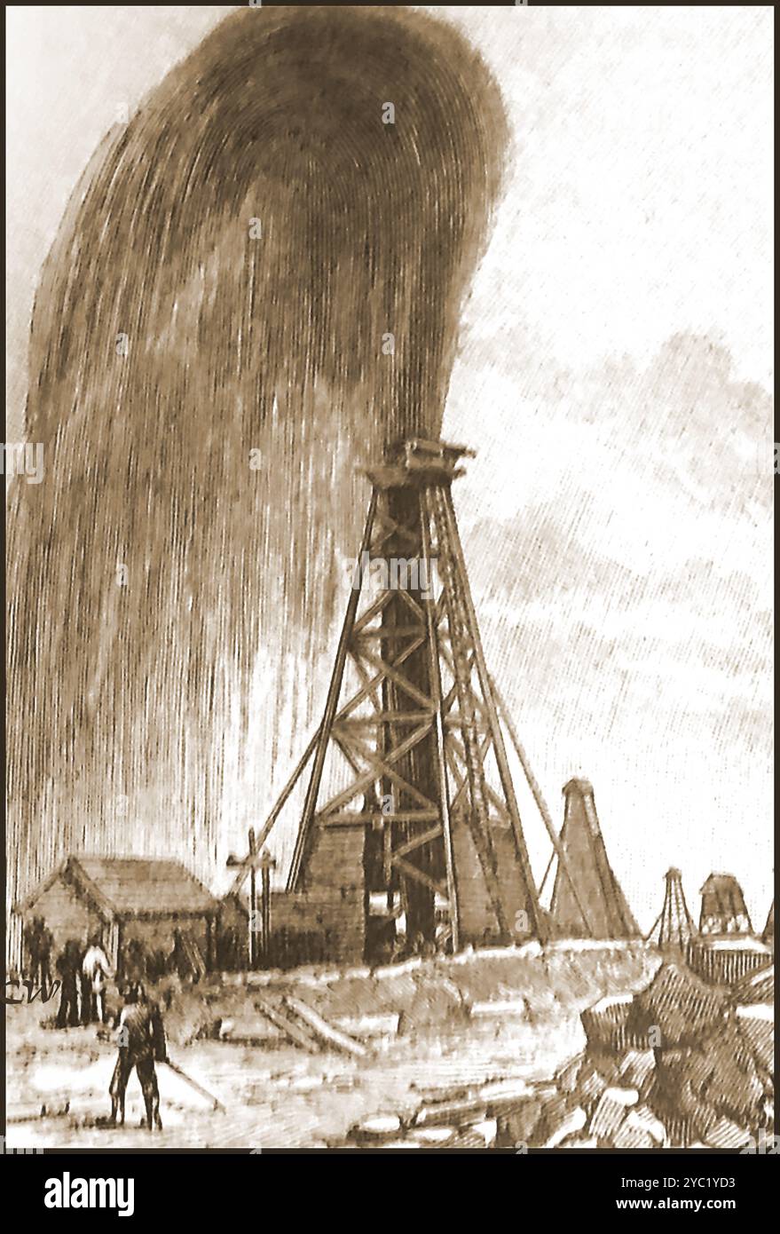 A 19th century view of a 'gusher' oil well at Baku/ Baki, Azerbaijan ...