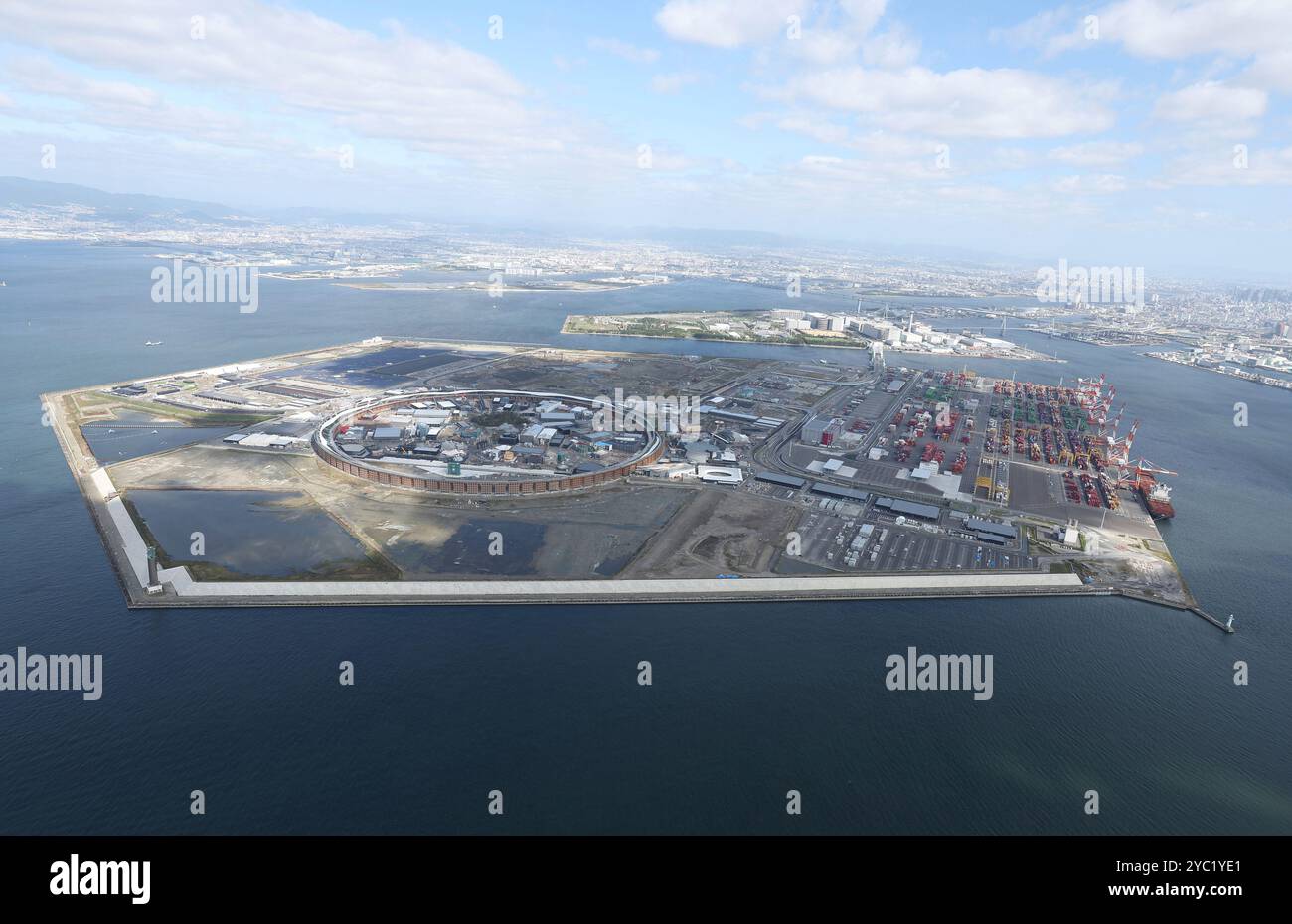 An aerial photo shows Yumeshima, the venue for Expo 2025 Osaka, Kansai ...