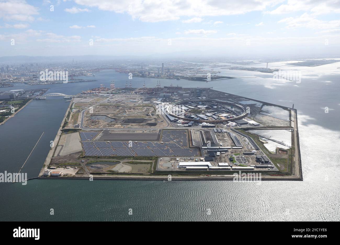 An aerial photo shows Yumeshima, the venue for Expo 2025 Osaka, Kansai ...