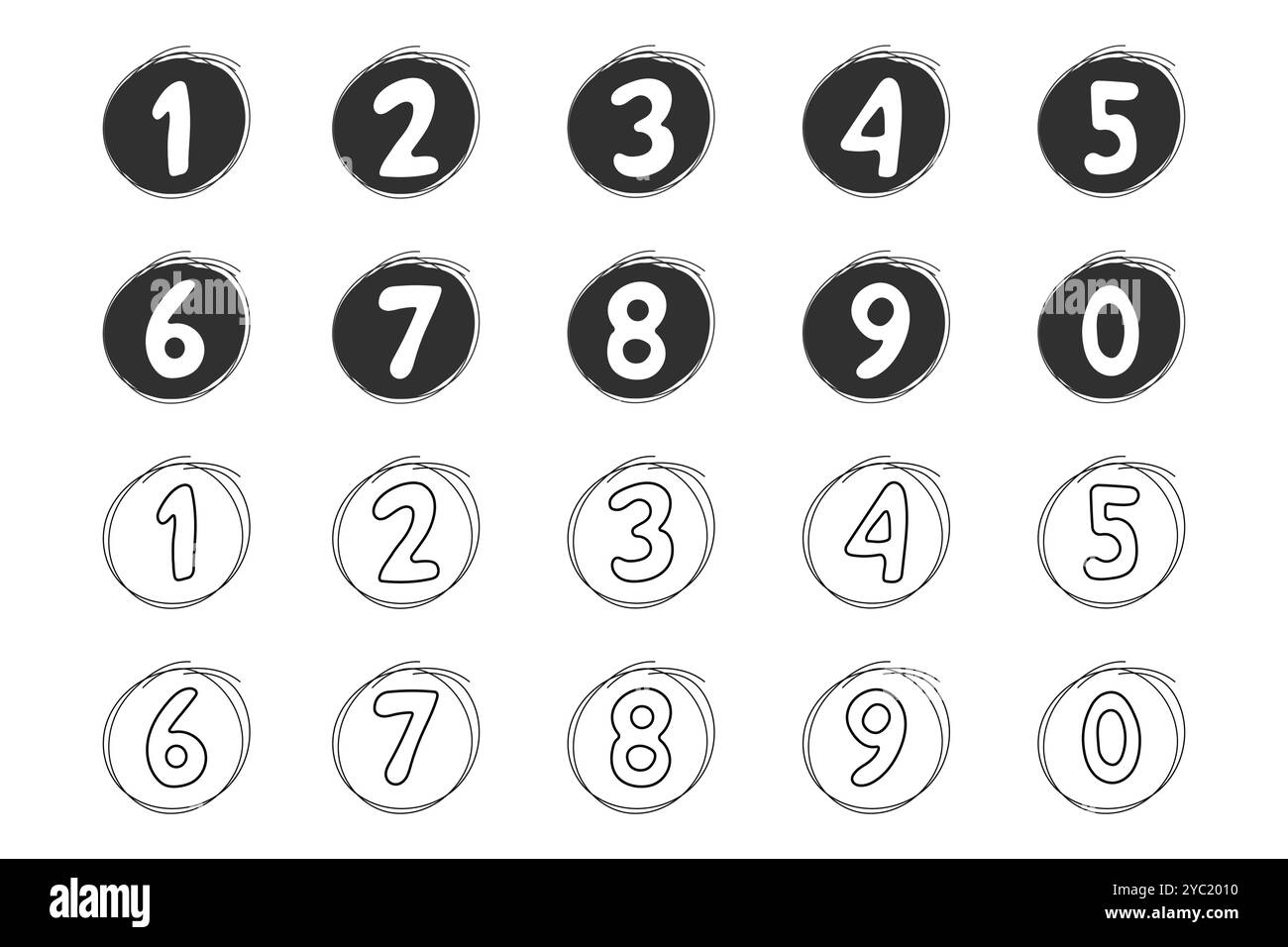 Doodle number, set numeric outline comic figure. 1 to 0 hand drawn numbers. Sketch marker stroke ...