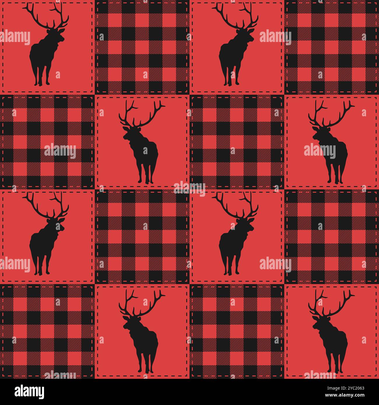 Patchwork buffalo plaid in red and black vector seamless pattern ...