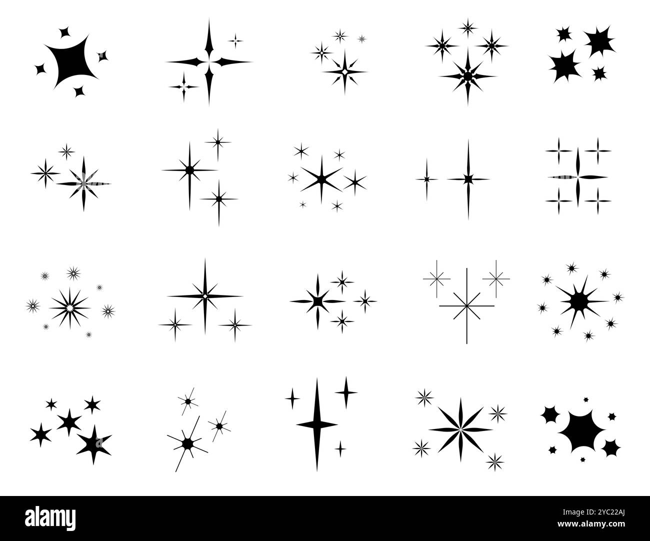 Sparks silhouettes. Twinkle star particles. Different black shapes ...