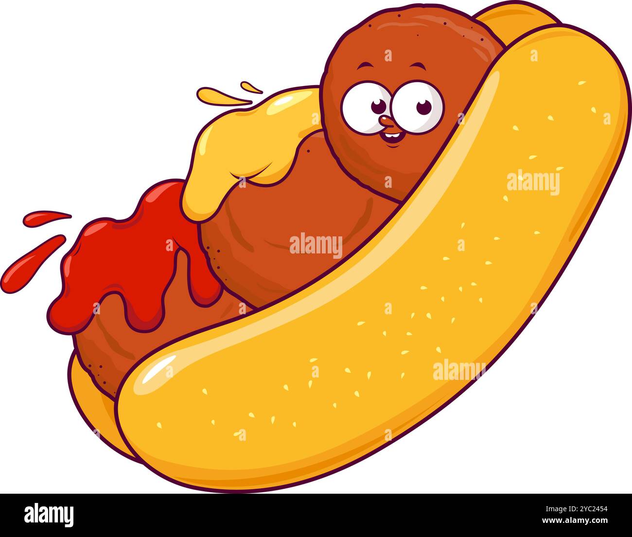Cartoon meatballs sandwich with mustard and ketchup sauce. Fast food ...
