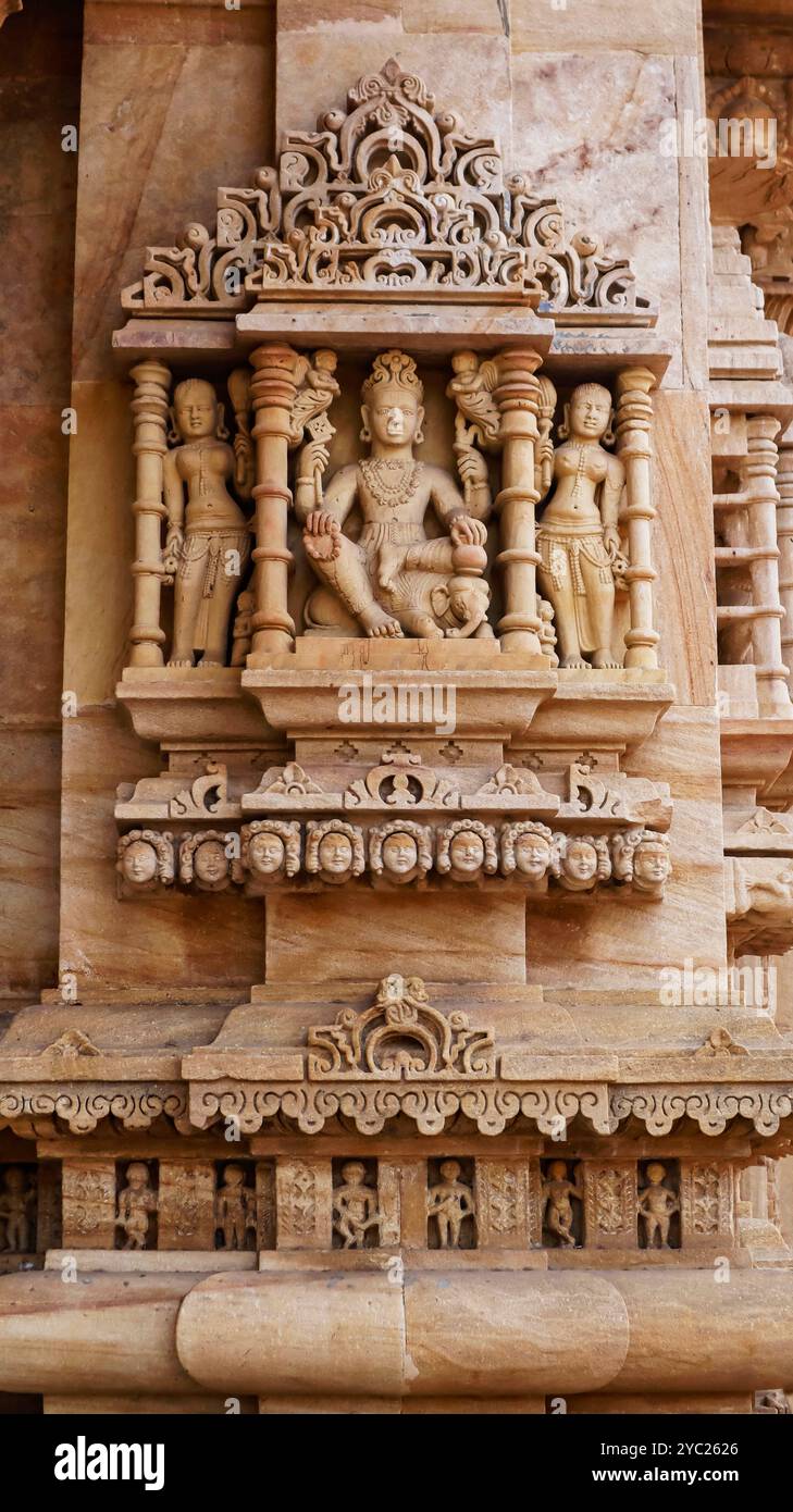 Carved sculpture of Lord Indra sitting on the elephant, his vahana, at ...