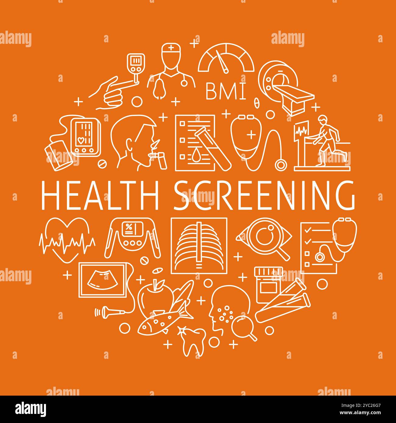 Health screening round poster in line style. Medical checkup symbols ...