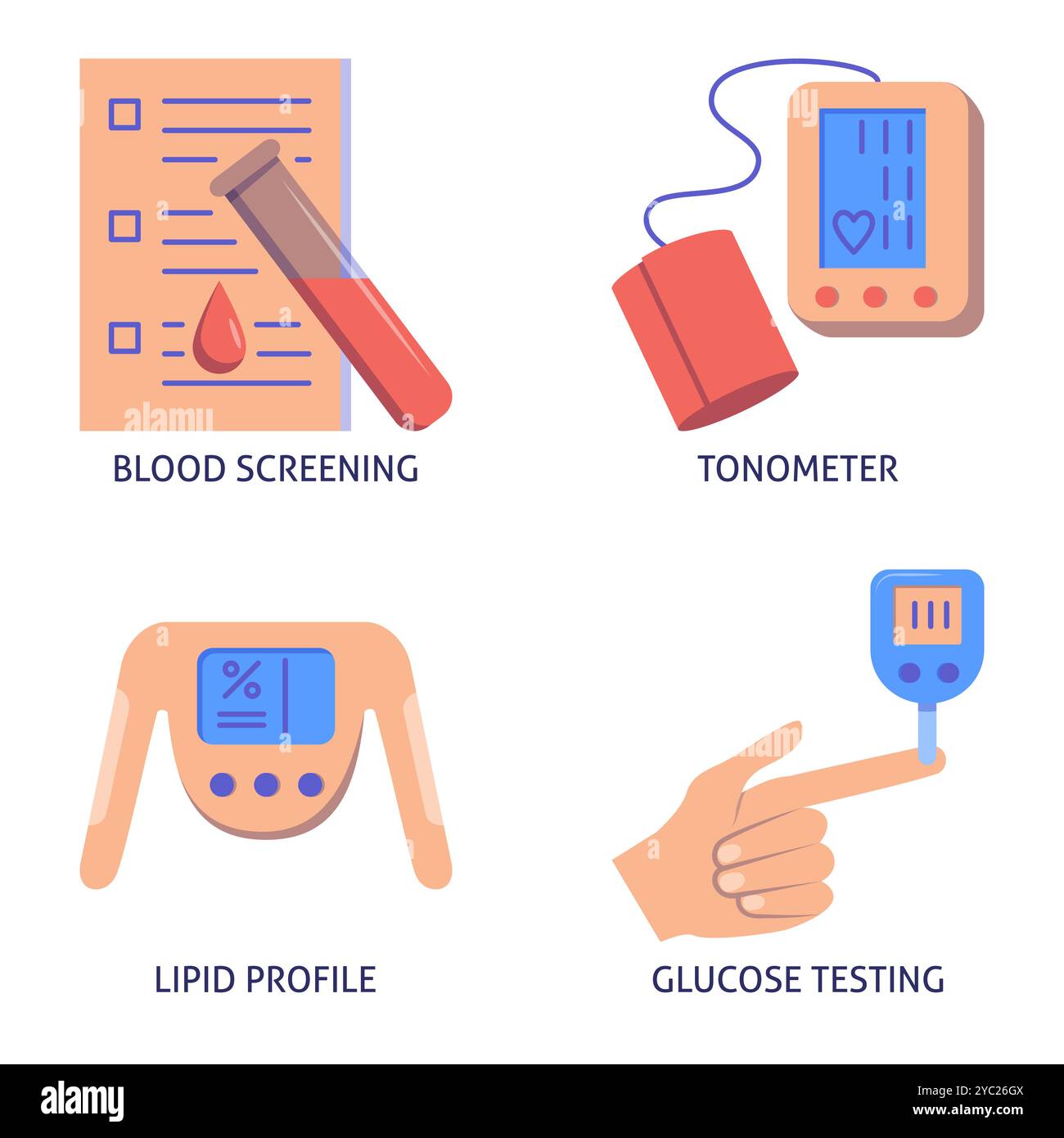 Medical checkup flat icon set. Blood screening, body fat analyzer ...