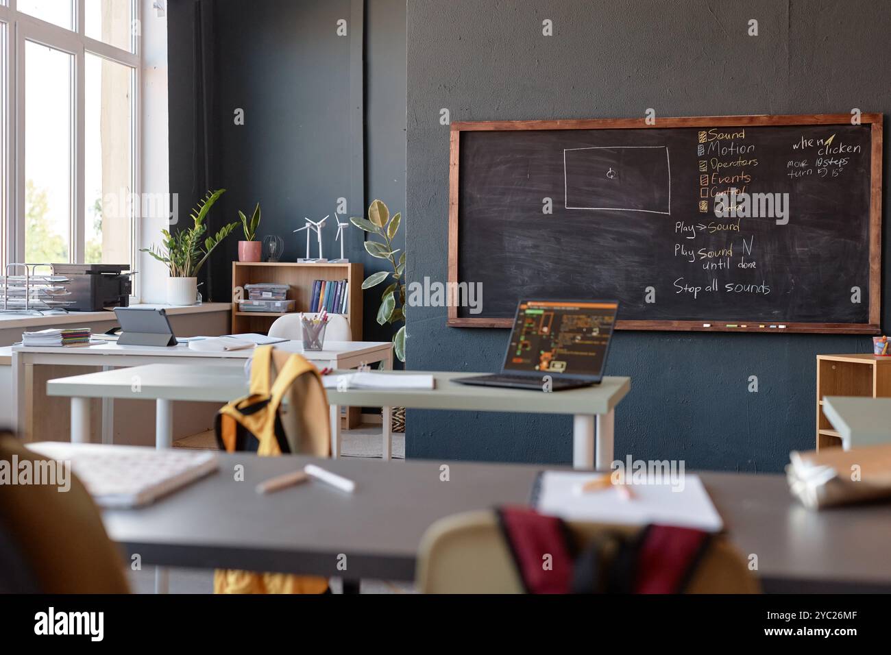 Background image of school classroom with programming lesson on ...