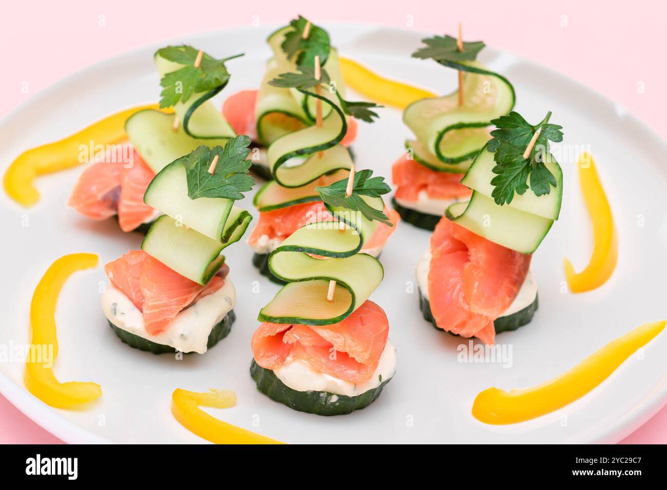 Canapes without Bread with Fresh Salmon, Cucumber and Cream Cheese on ...