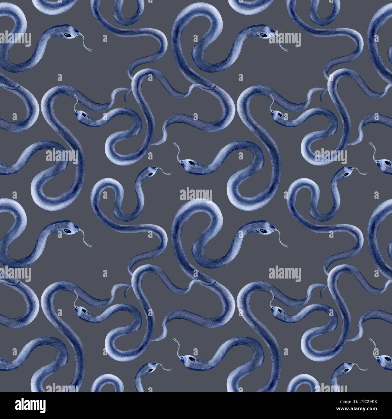 Seamless pattern of watercolor dark blue wavy snakes isolated on white ...