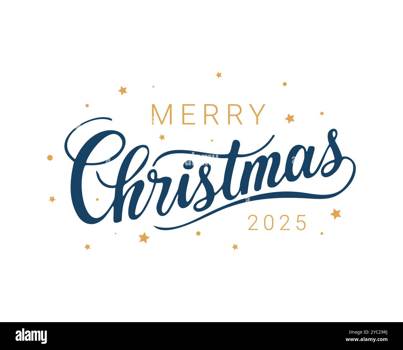 Merry Christmas 2025 lettering calligraphy with gold stars on white ...