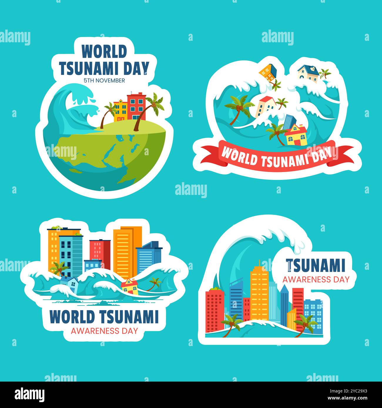 Global Tsunami Awareness Social Media Label in Flat Cartoon Style ...