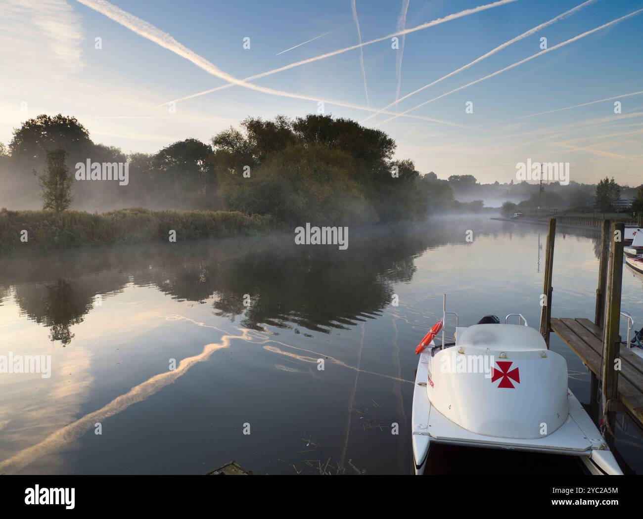 Flying over boat anchored river hi-res stock photography and images - Alamy