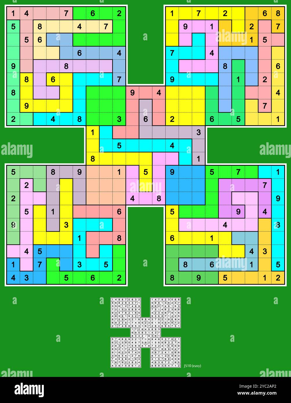 Jigsaw Samurai Sudoku. Full symmetry, 108 clues. Easy. MK II. Vector ...