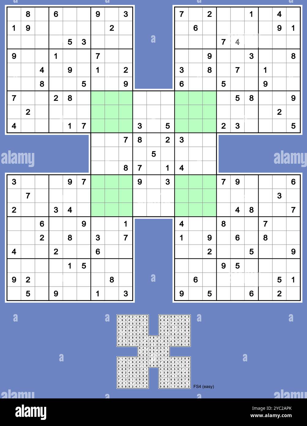Samurai Sudoku, five overlapping sudoku puzzles. Full symmetry, 117 ...